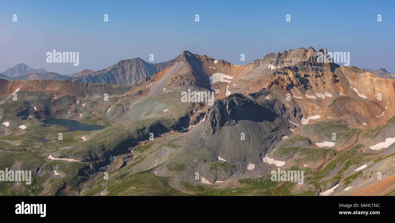 Ice lake Basin peaks R/L: Golden Horn, Vermillion, and Fuller rise ...