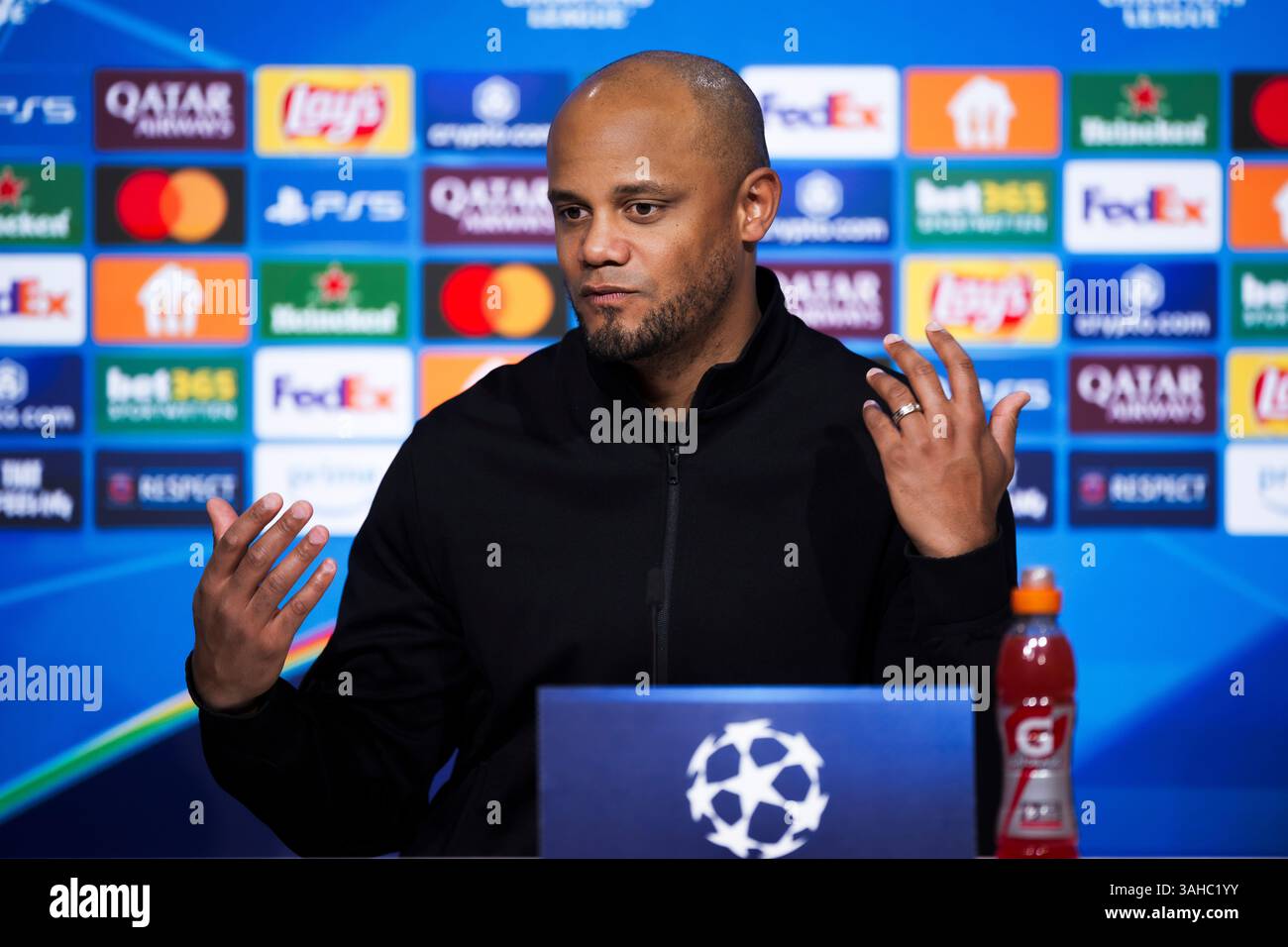 Munich, Germany. 8 April 2025. Vincent Kompany, head coach of FC Bayern ...