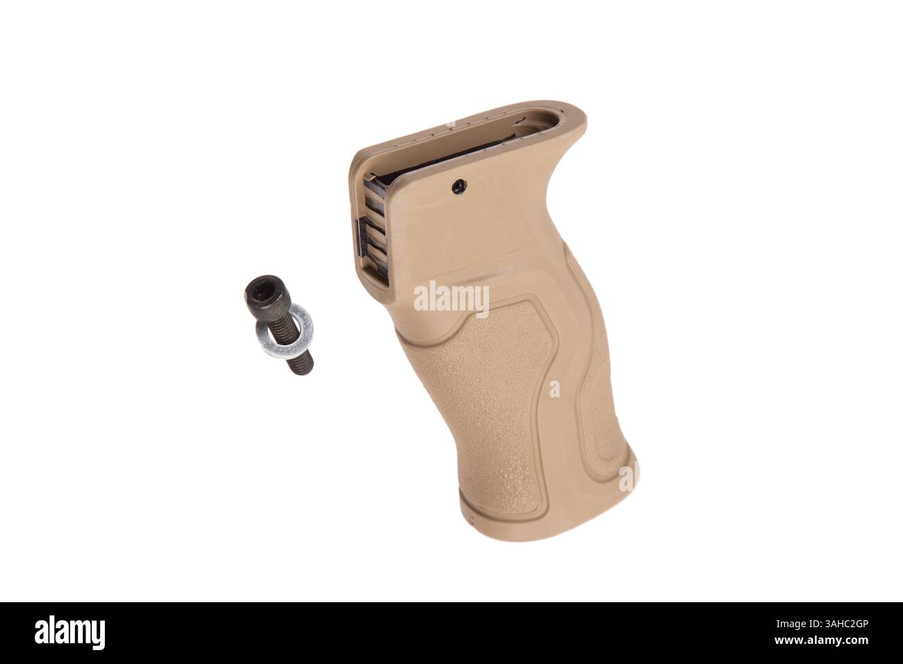 A tan ergonomic pistol grip with a textured surface for enhanced ...
