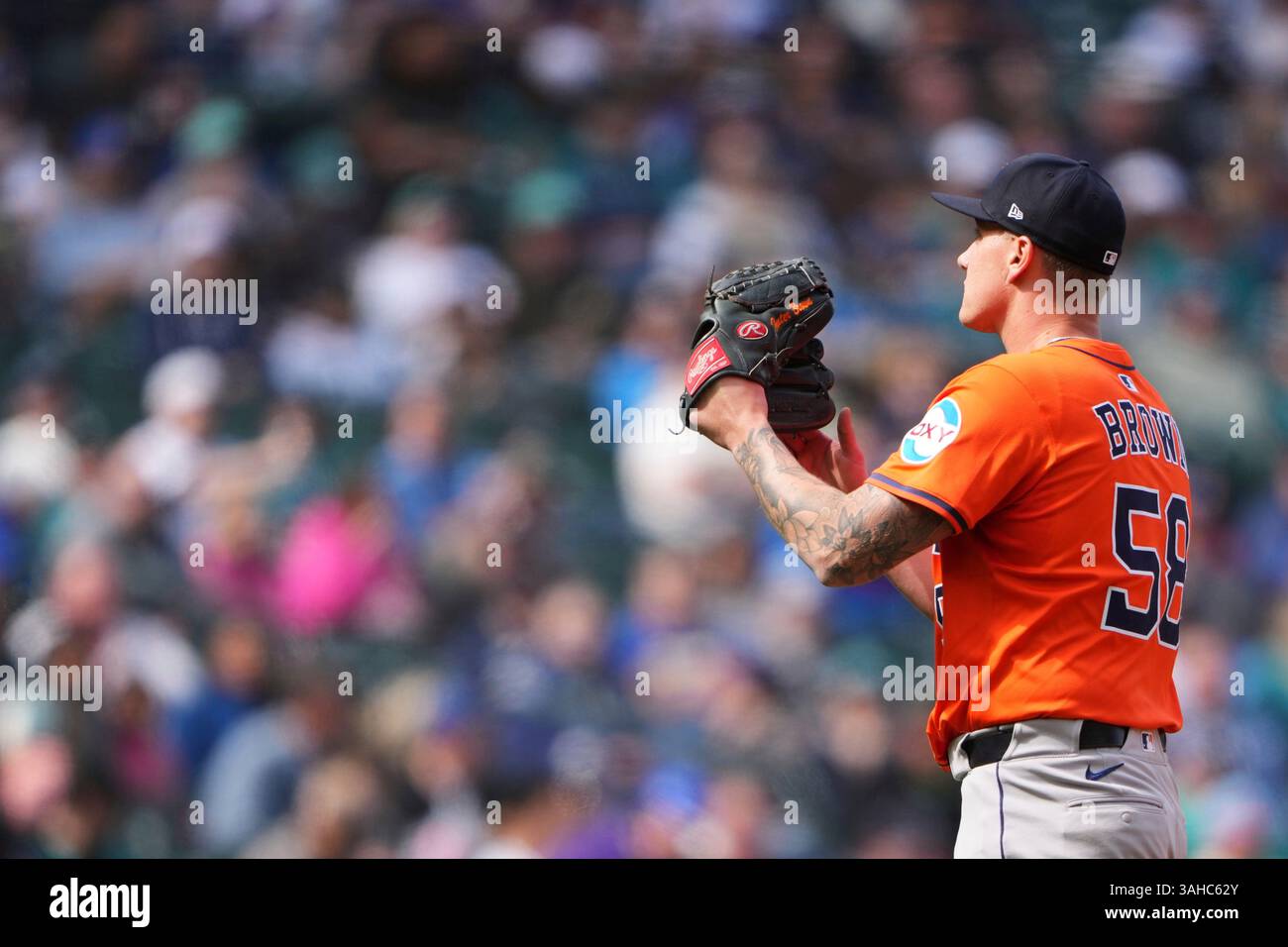 Houston Astros starting pitcher Hunter Brown (58) reacts after the ...