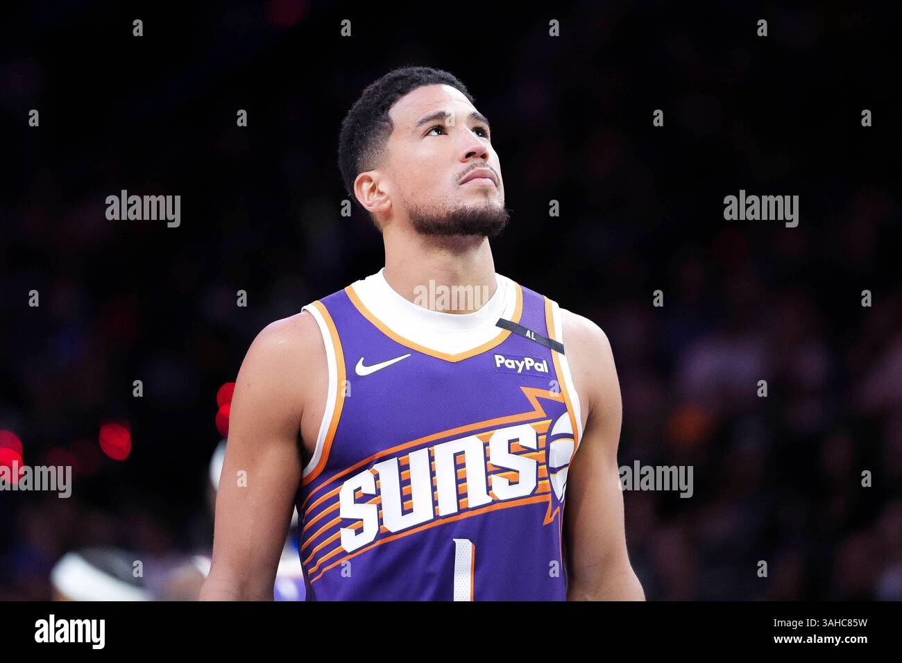 Phoenix Suns guard Devin Booker (1) during an NBA basketball game against the Golden State ...