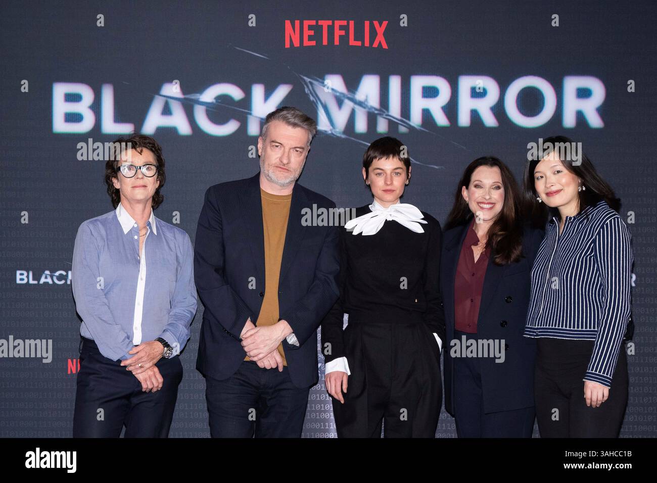 Susie Liggat, from left, Charlie Brooker, Emma Corrin, Jessica Rhoades ...