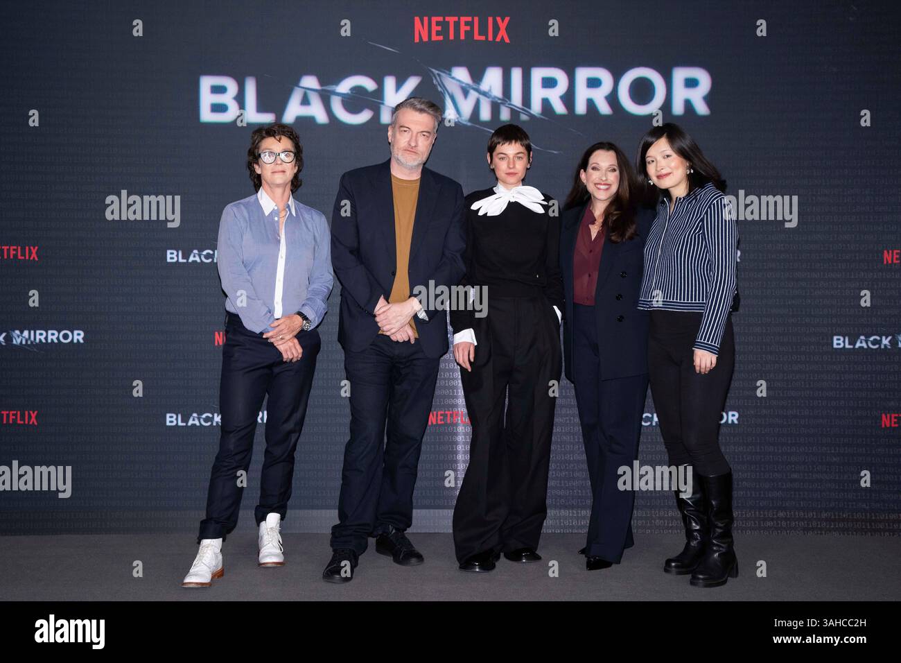 Susie Liggat, from left, Charlie Brooker, Emma Corrin, Jessica Rhoades ...