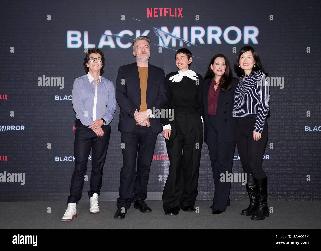 Susie Liggat, from left, Charlie Brooker, Emma Corrin, Jessica Rhoades ...