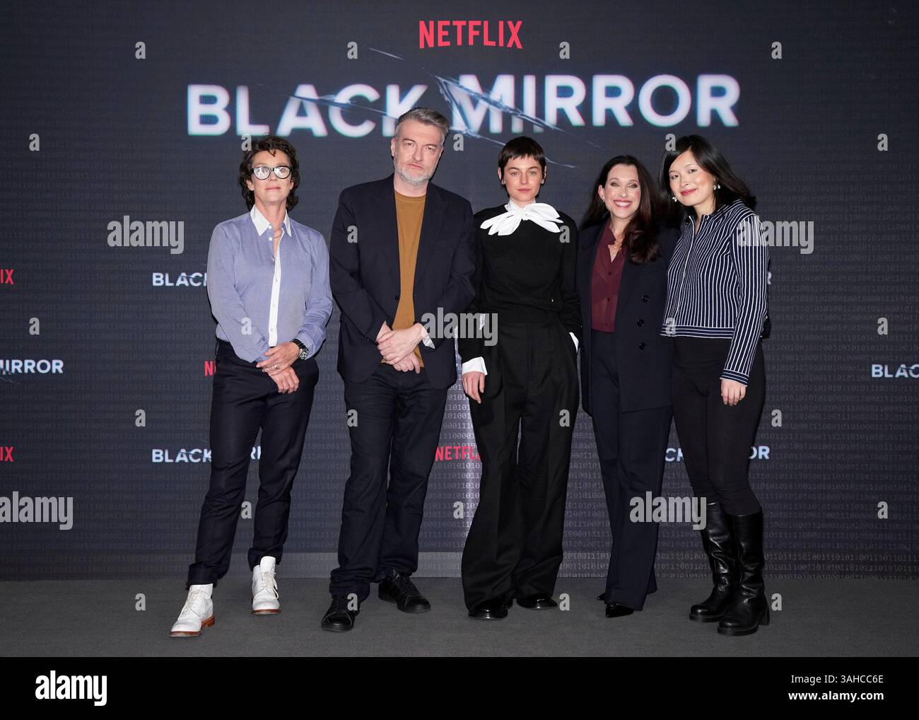 Susie Liggat, from left, Charlie Brooker, Emma Corrin, Jessica Rhoades ...