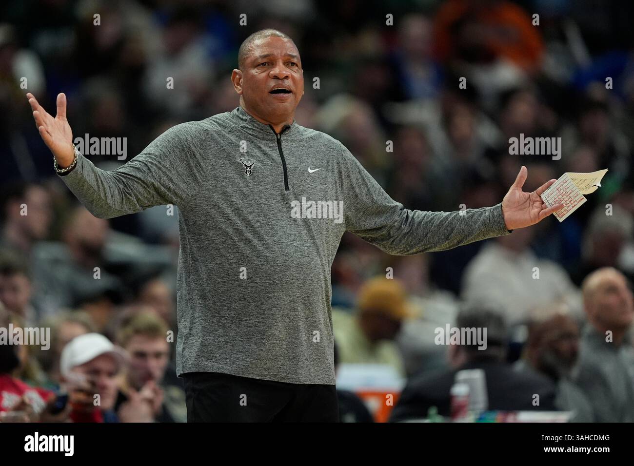 Milwaukee Bucks head coach Doc Rivers reacts to a call during the ...