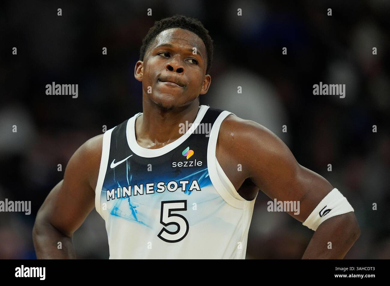Minnesota Timberwolves' Anthony Edwards looks on during the first half ...