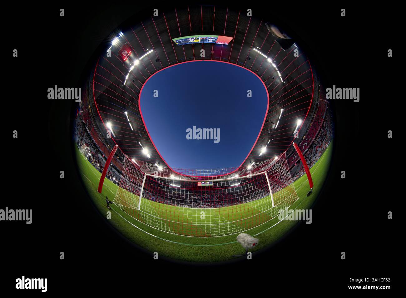 Overview, interior, floodlit match, behind-the-goal perspective, goal ...