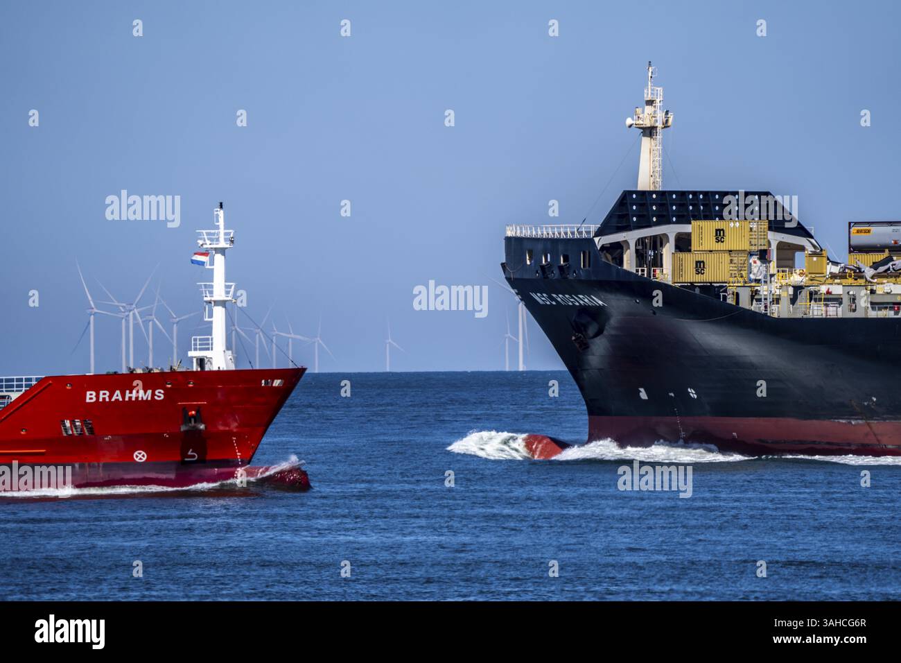 Offshore wind farm Hollandse Kust Zuid, North Sea, freighter Brahms ...