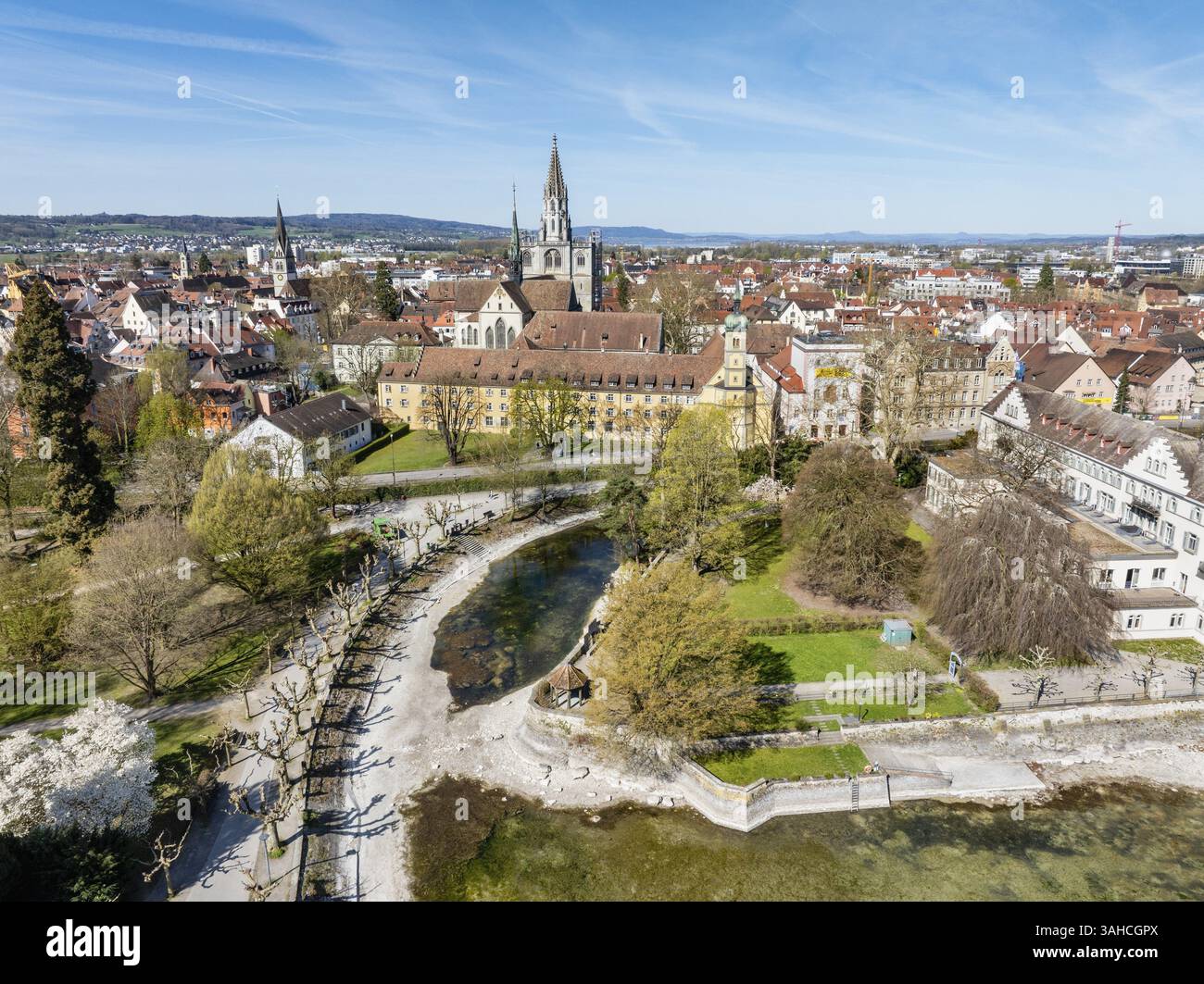 Aerial view of the old town of Constance with the island canal at low ...