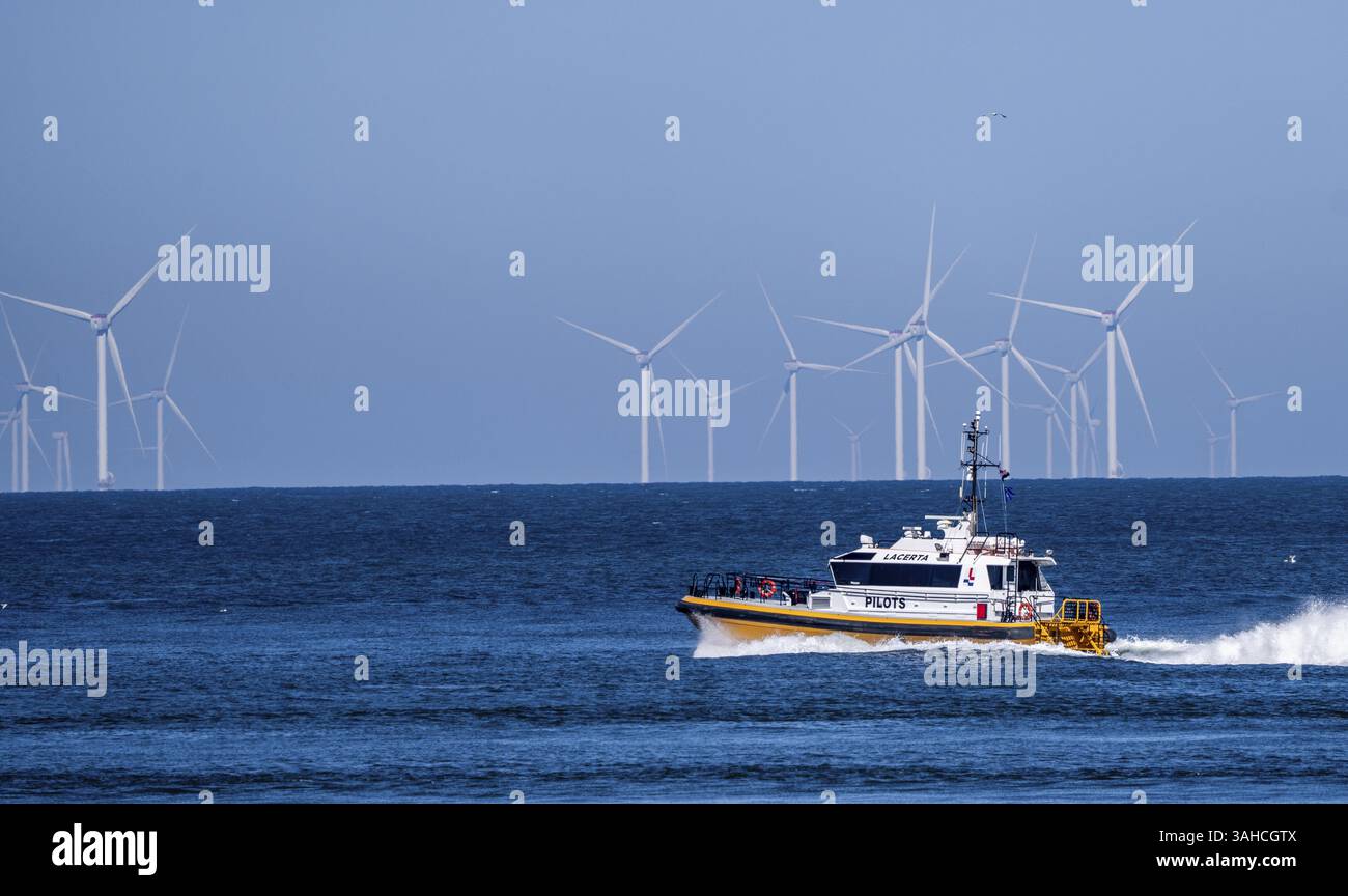 Offshore wind farm Hollandse Kust Zuid, North Sea, pilot boat Lacerta ...
