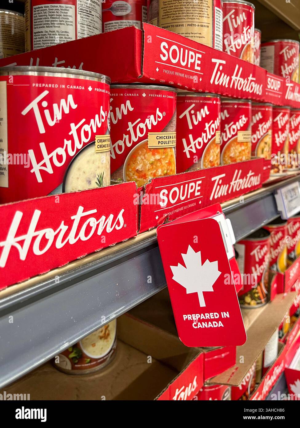 Prepared in Canada tag on grocery shelf beside Tim Hortons canned soup ...