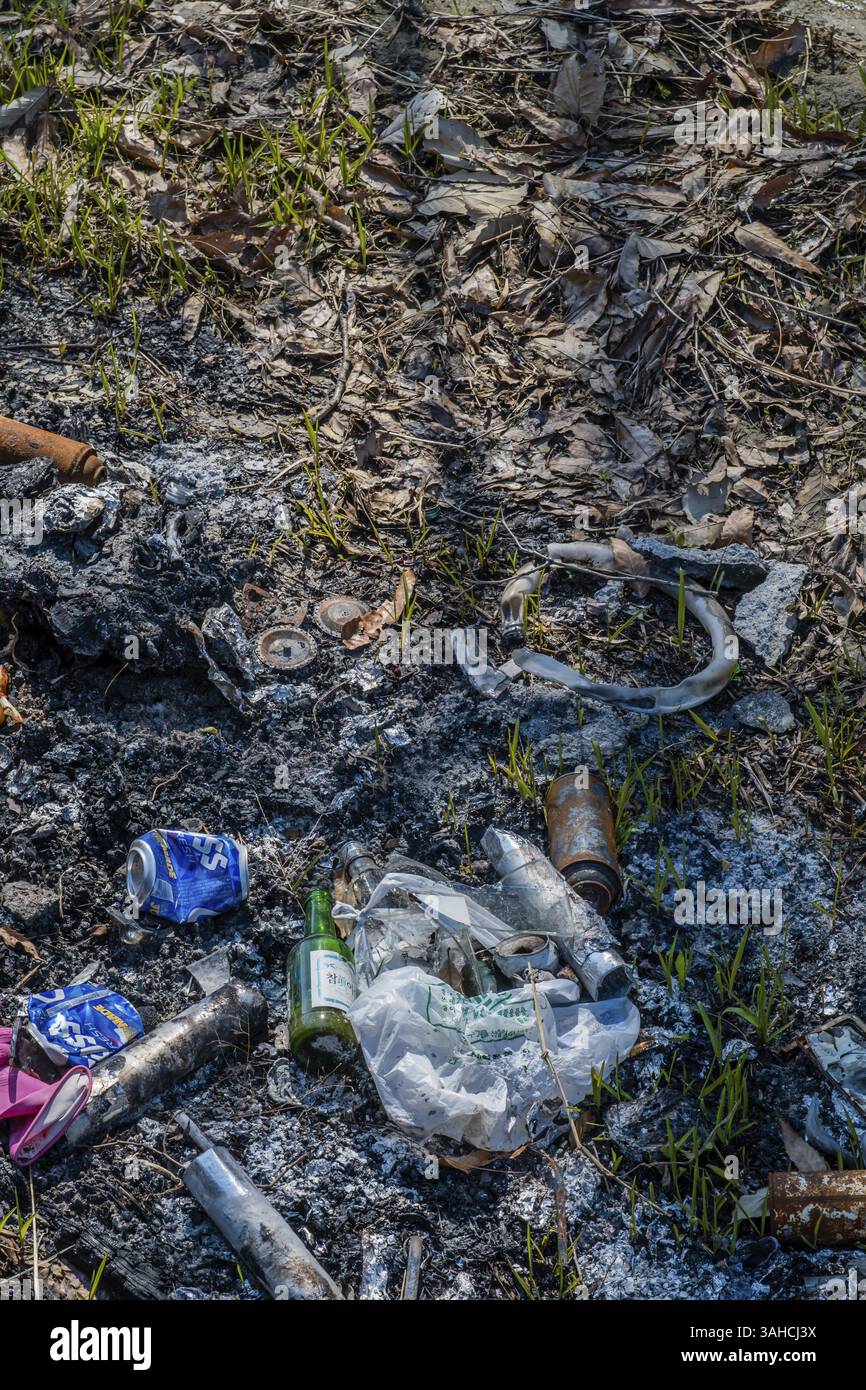 Daejeon, South Korea. March 6, 2020: .Rusting cans and trash disposed ...