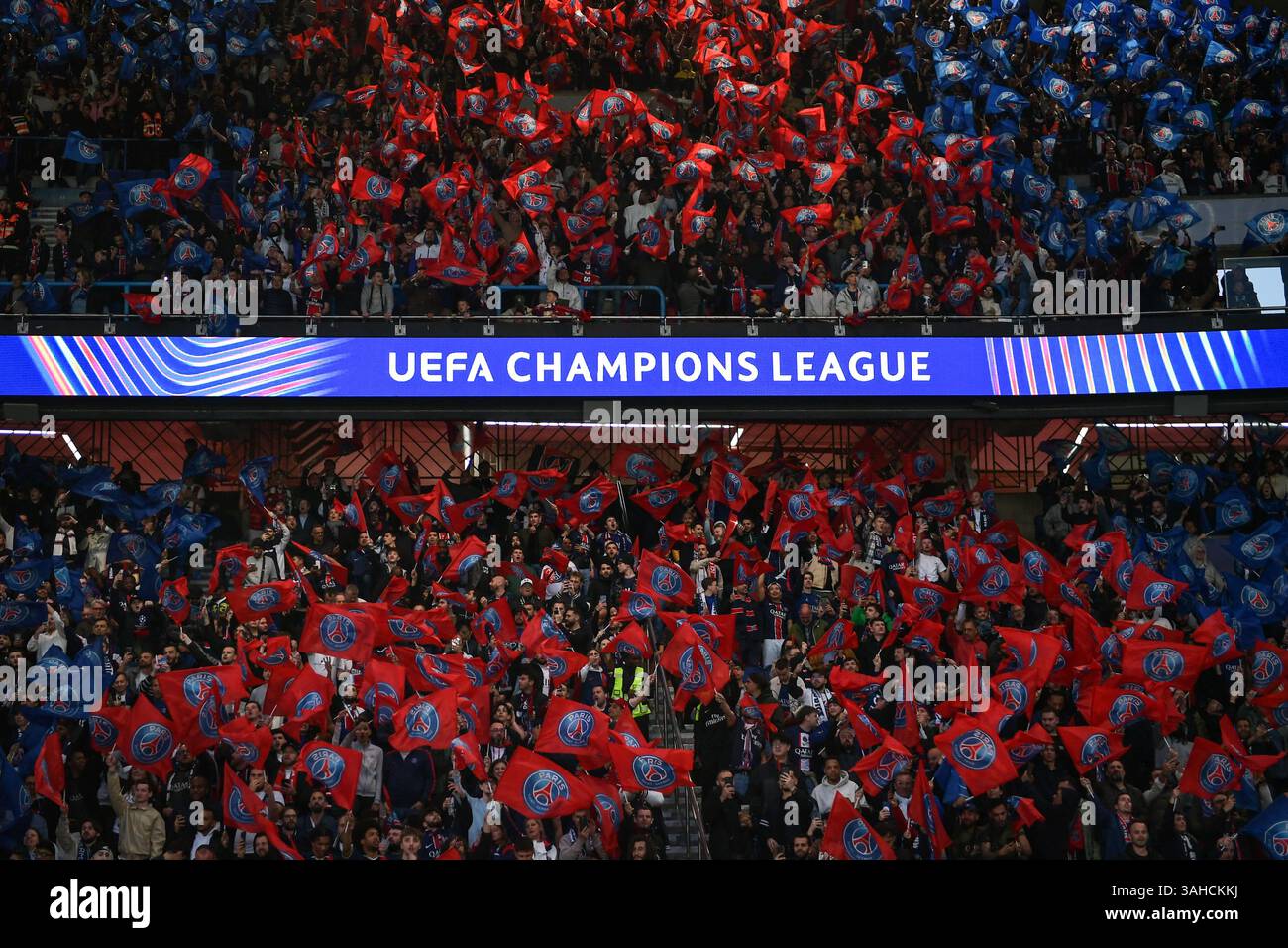 Paris, France. 09th Apr, 2025. Paris Saint-Germain's supporters cheer ...