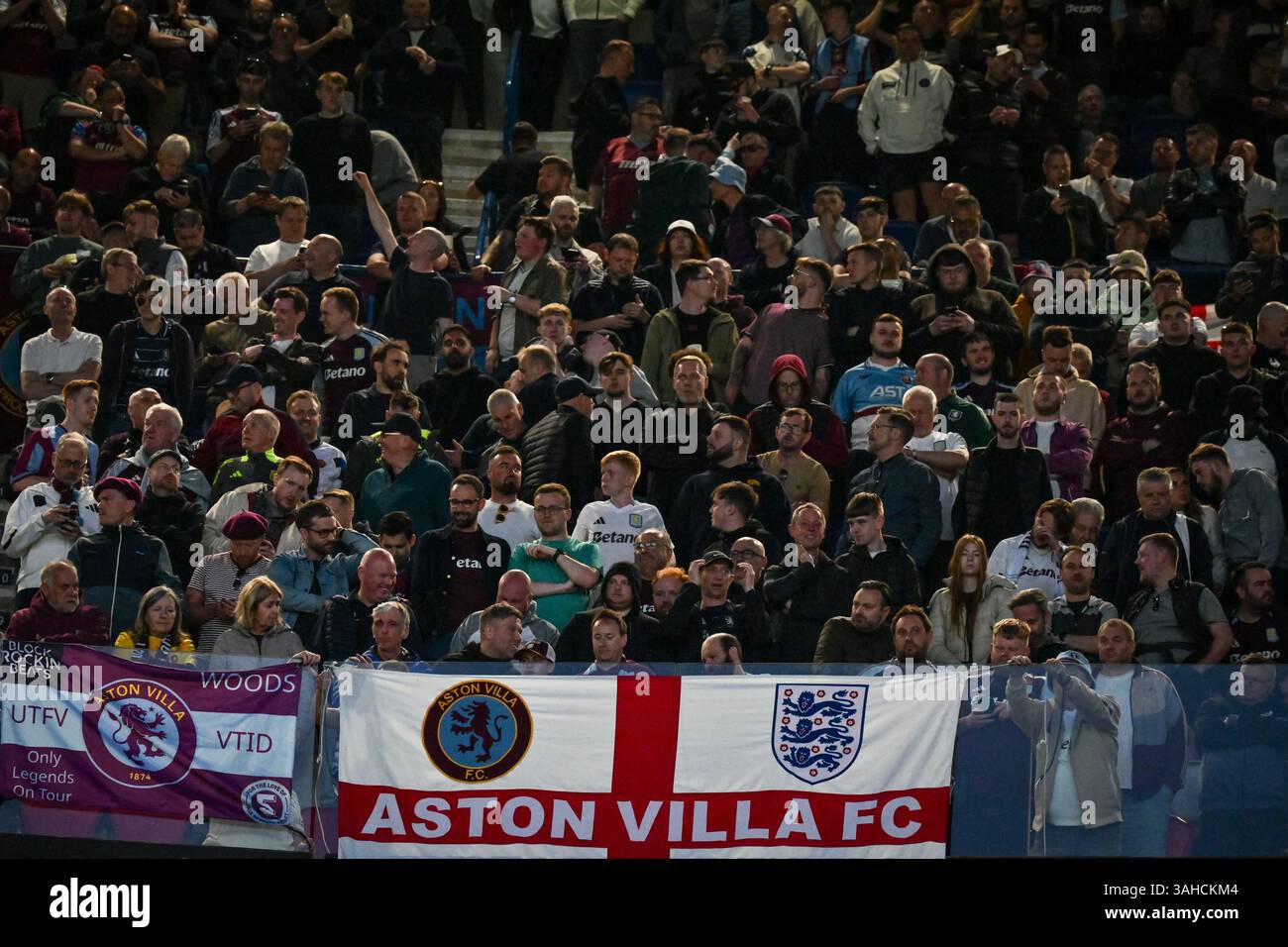 Paris, France. 09th Apr, 2025. Aston Villa's supporters cheer during ...