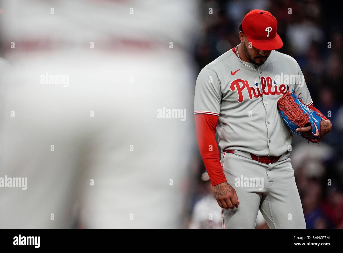 Philadelphia Phillies pitcher Taijuan Walker (99) reacts to play in the third inning of a ...