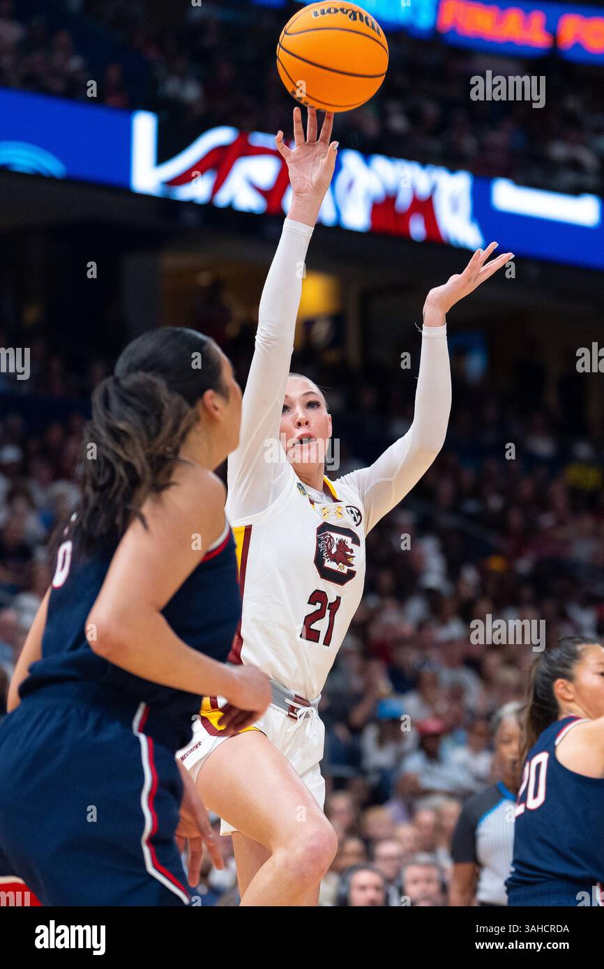 South Carolina forward Chloe Kitts (21) shoots over UConn center Jana El Alfy (8)during the ...