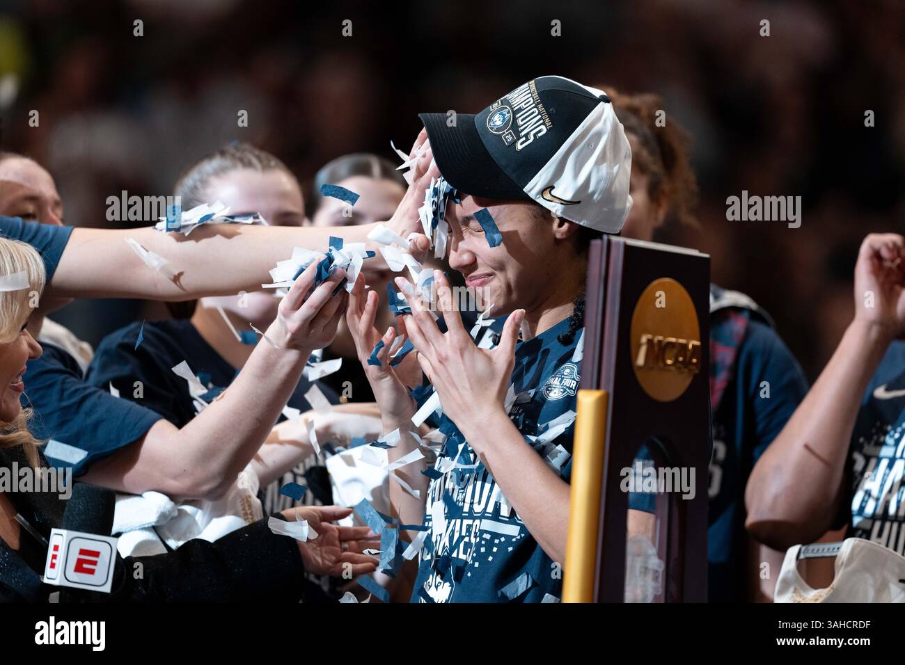 UConn guard Azzi Fudd (35) celebrates with teammates during trophy ...