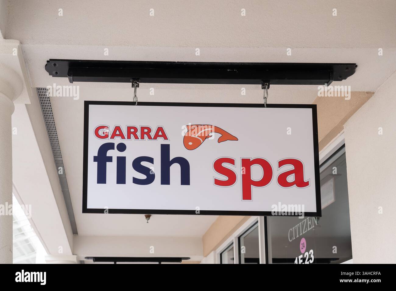 Orlando, Florida, USA - January 21, 2022: Closeup of Garra Spas store ...