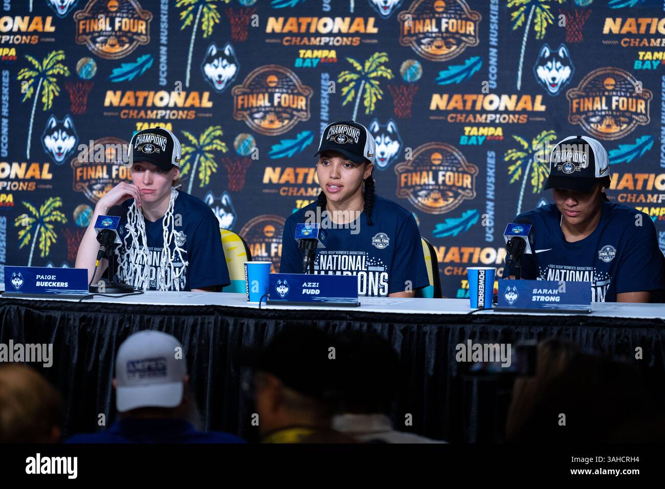 UConn guards Paige Bueckers (5) and Azzi Fudd (35) and forward Sarah ...