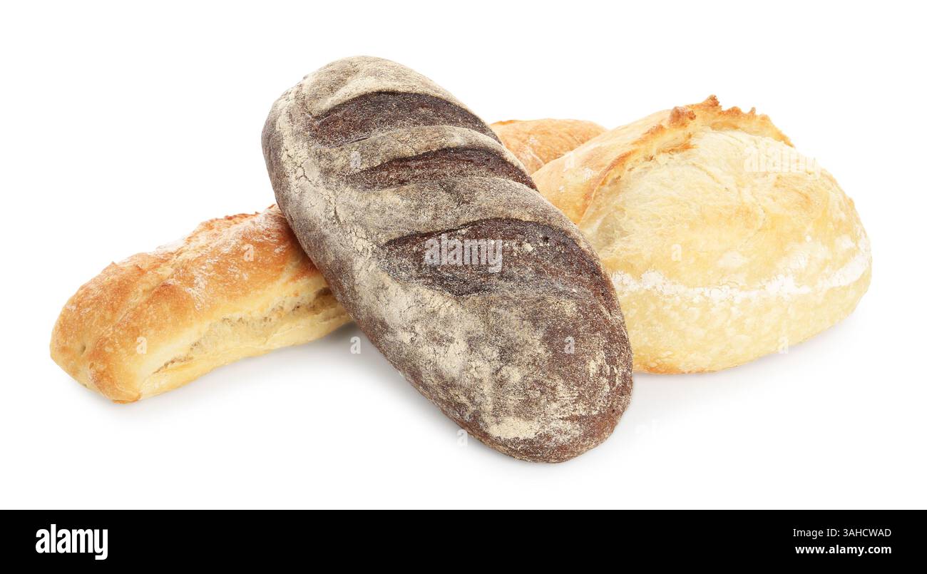 Different loaves of freshly baked bread isolated on white Stock Photo ...