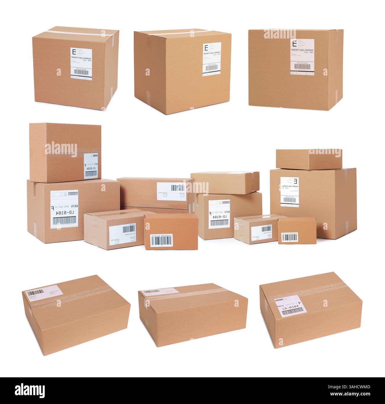 Many different parcels with shipping labels isolated on white, collage ...