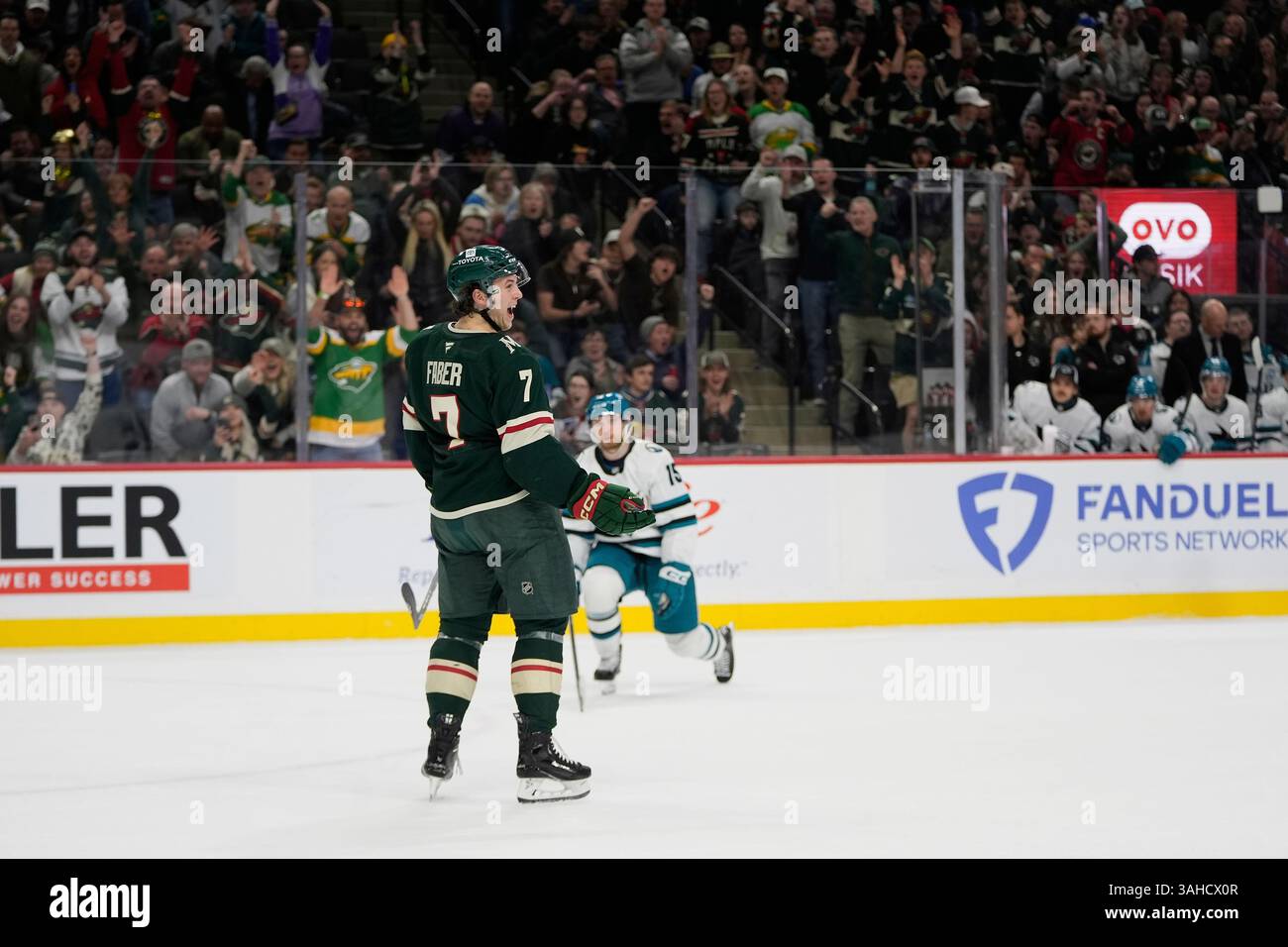 Minnesota Wild defenseman Brock Faber (7) celebrates after scoring a ...