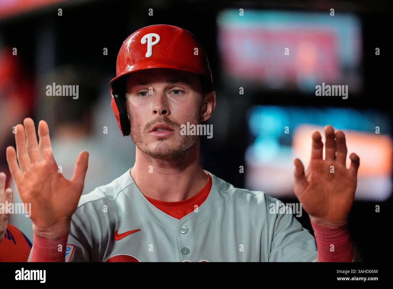 Philadelphia Phillies outfielder Max Kepler celebrates scoring in the ...