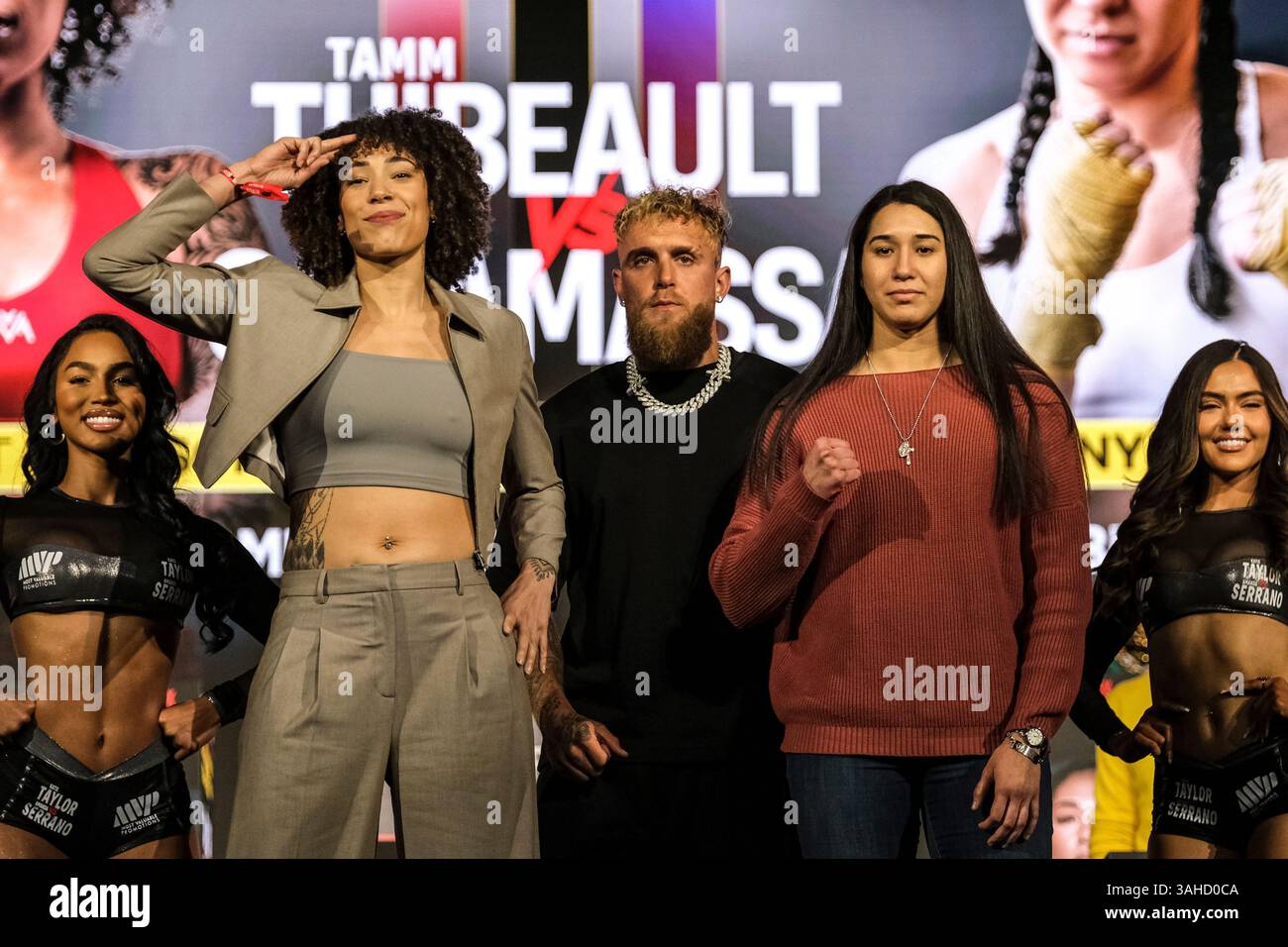 April 9, 2025, Nyc, New York, USA: Tamm Thibeault and Mary Casamassa face off ahead of their ...