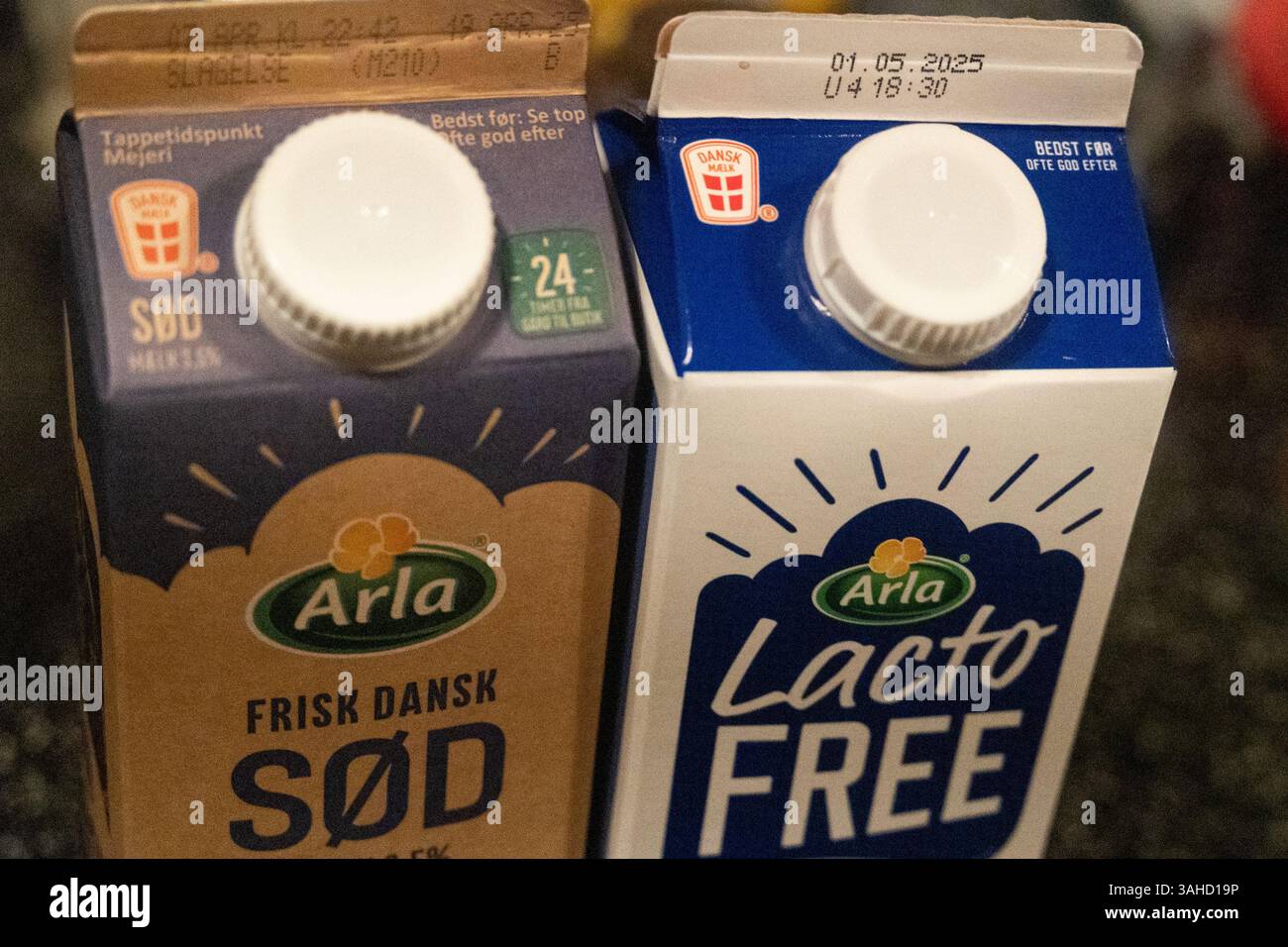 Copenhagen, Denmark. 08th Apr, 2025. Arla Whole Milk and LactoFREE seen ...