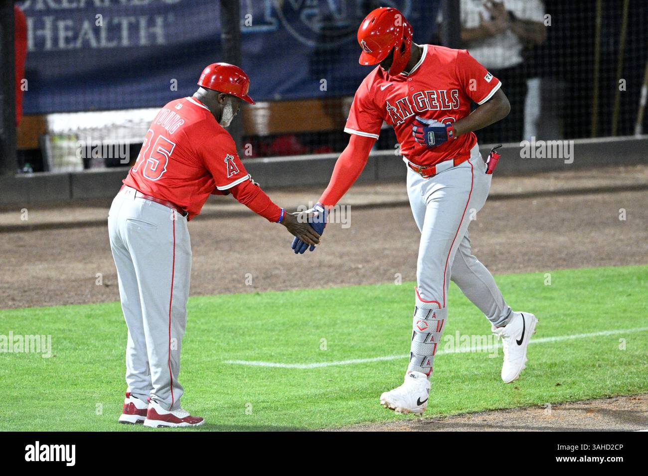 Los Angeles Angels outfielder Jorge Soler, right, is congratulated by ...
