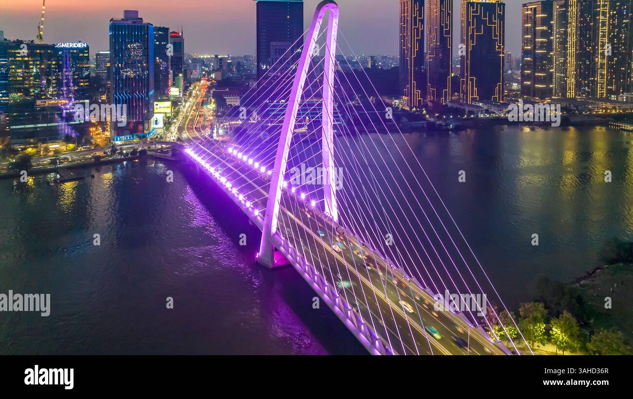 Aerial view of Ba Son Bridge at night in downtown Ho Chi Minh City ...