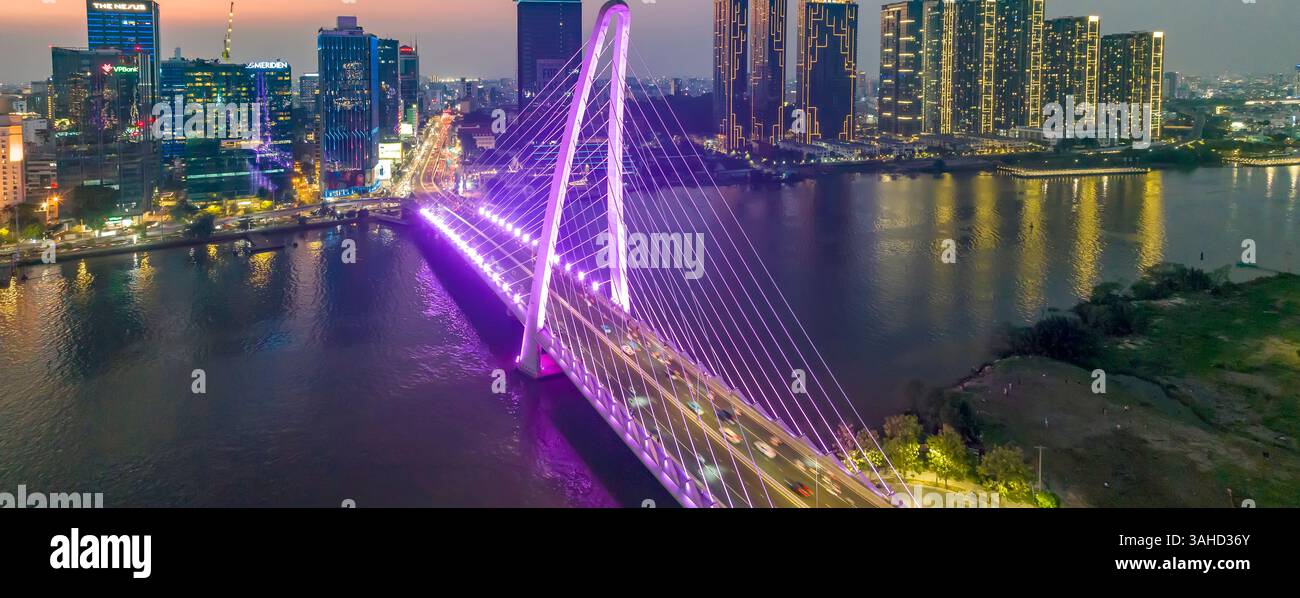 Aerial view of Ba Son Bridge at night in downtown Ho Chi Minh City ...