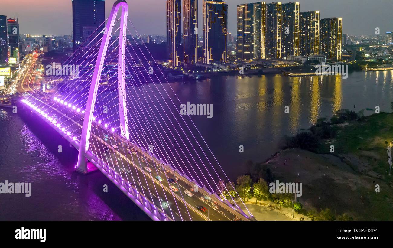 Aerial view of Ba Son Bridge at night in downtown Ho Chi Minh City ...