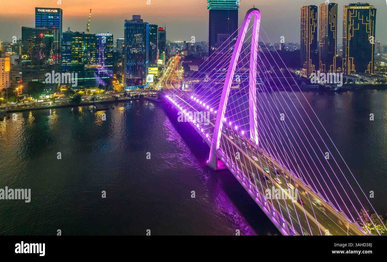 Aerial view of Ba Son Bridge at night in downtown Ho Chi Minh City ...