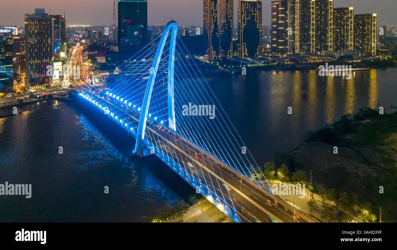 Aerial view of Ba Son Bridge at night in downtown Ho Chi Minh City ...