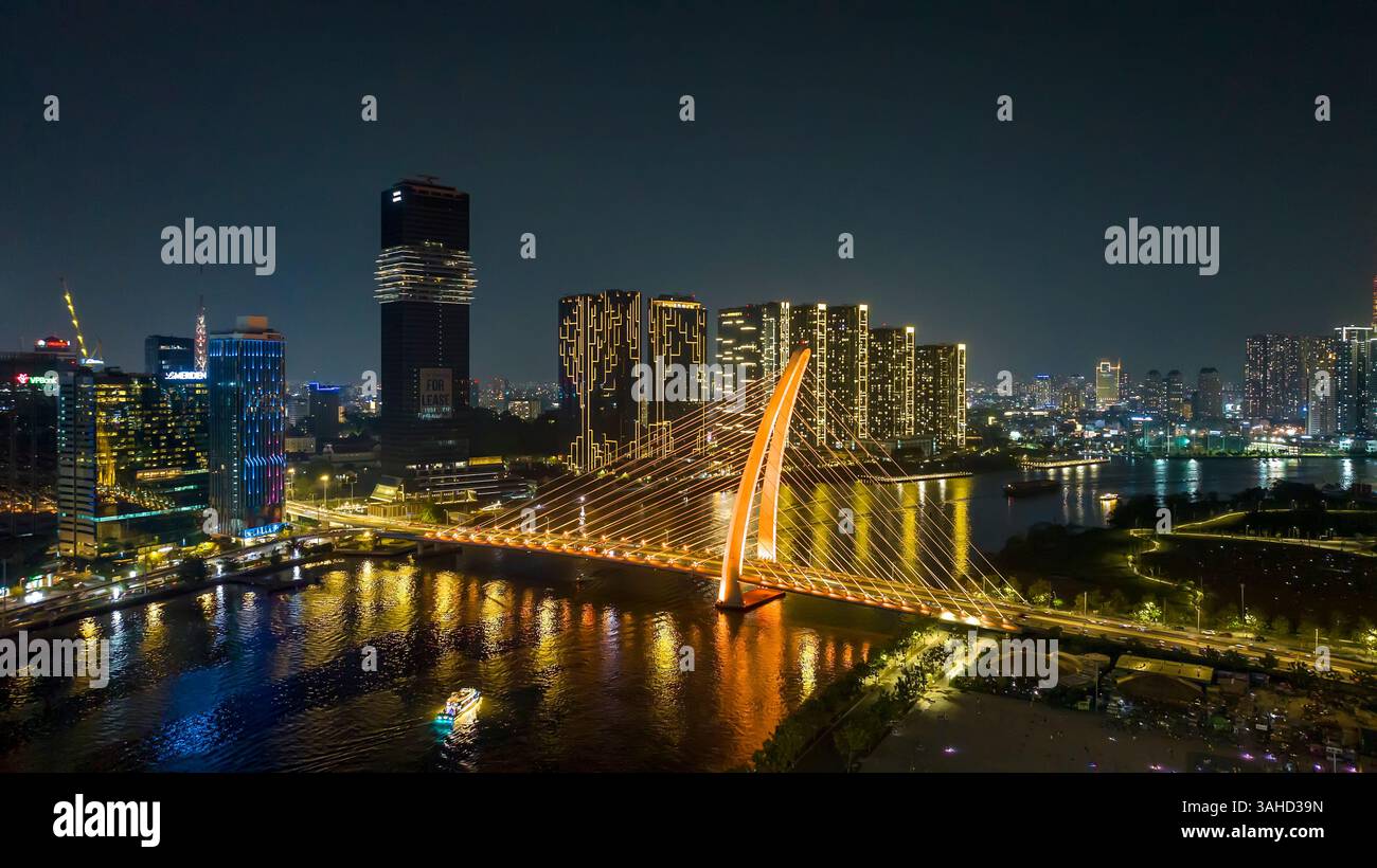 Aerial view of Ba Son Bridge at night in downtown Ho Chi Minh City ...
