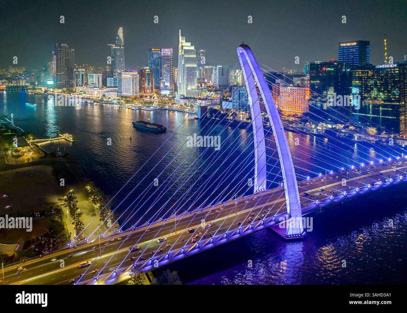 Aerial view of Ba Son Bridge at night in downtown Ho Chi Minh City ...