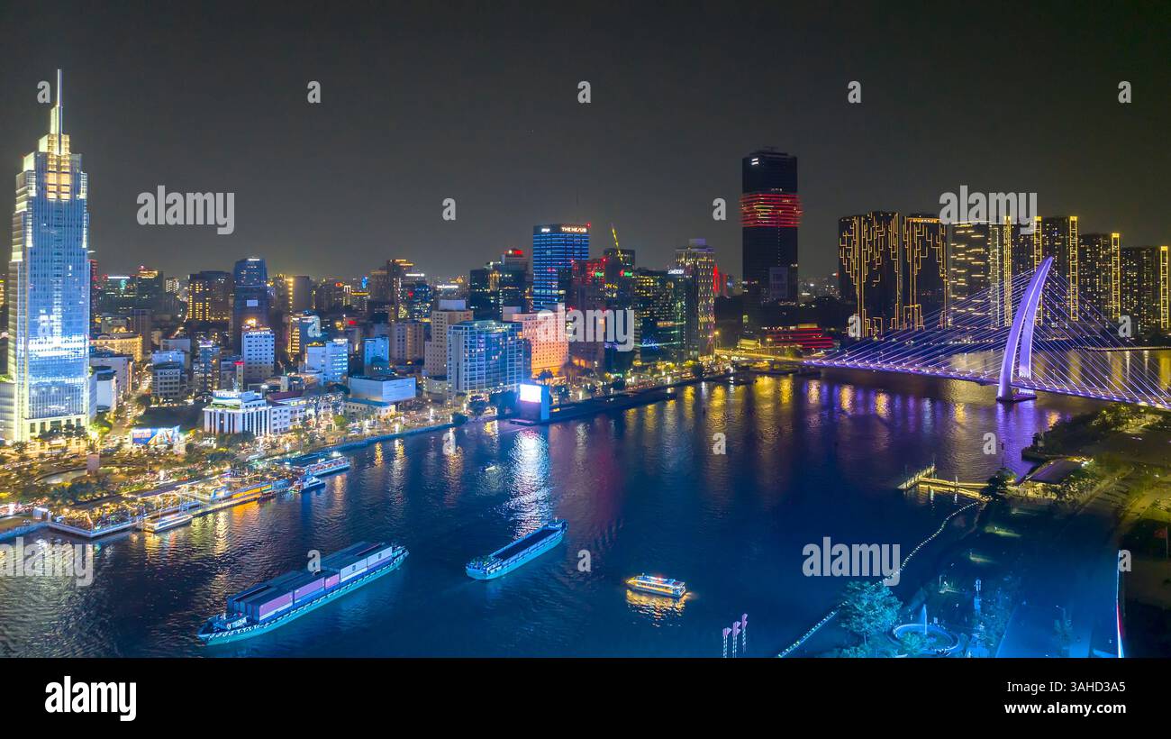 Aerial view of Ba Son Bridge at night in downtown Ho Chi Minh City ...