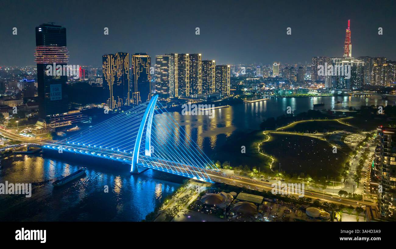 Aerial view of Ba Son Bridge at night in downtown Ho Chi Minh City ...