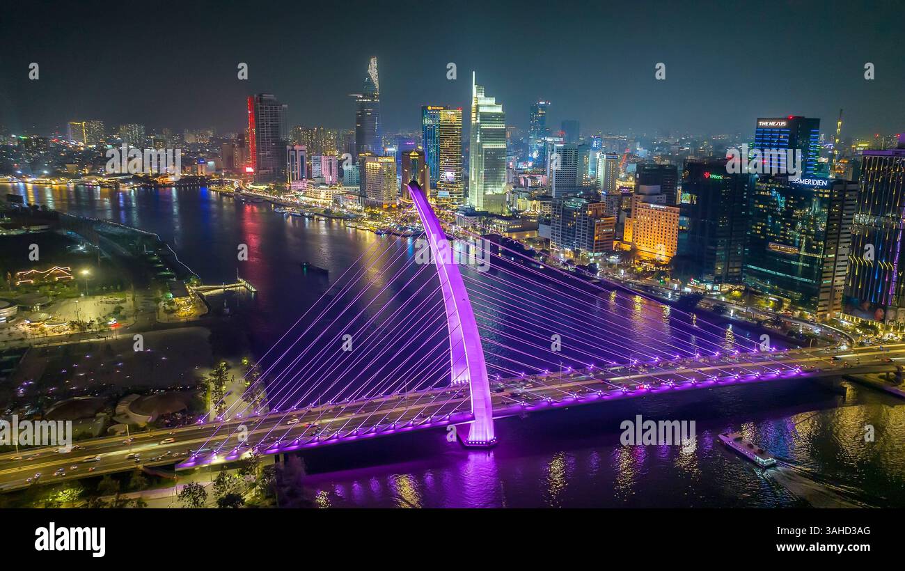 Aerial view of Ba Son Bridge at night in downtown Ho Chi Minh City ...