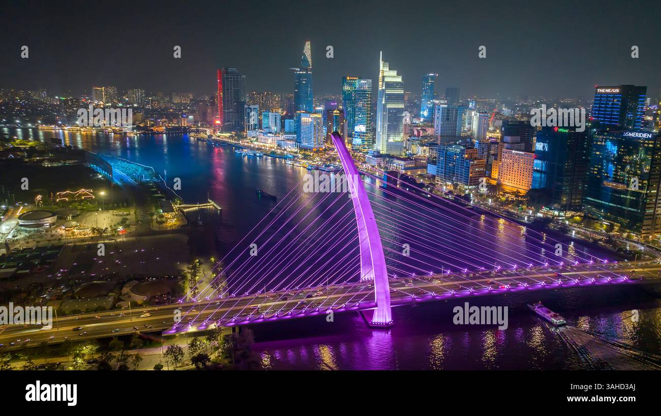 Aerial view of Ba Son Bridge at night in downtown Ho Chi Minh City ...