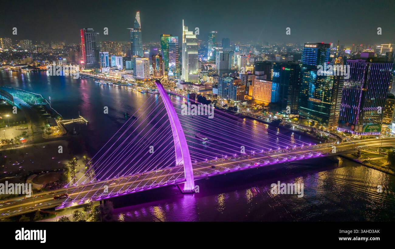 Aerial view of Ba Son Bridge at night in downtown Ho Chi Minh City ...