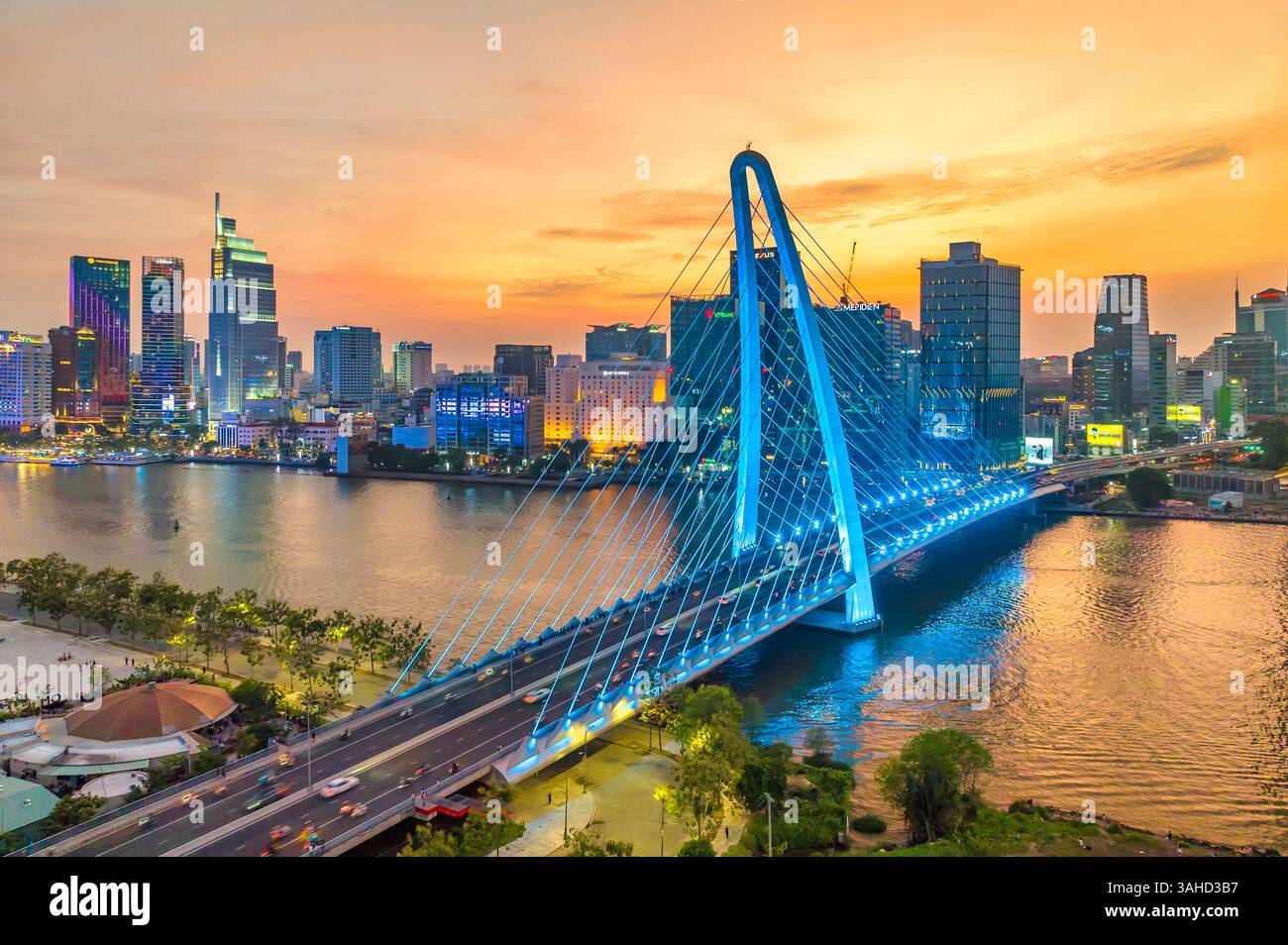 Beautiful sunset at Ba Son Bridge in downtown Ho Chi Minh City, Vietnam ...