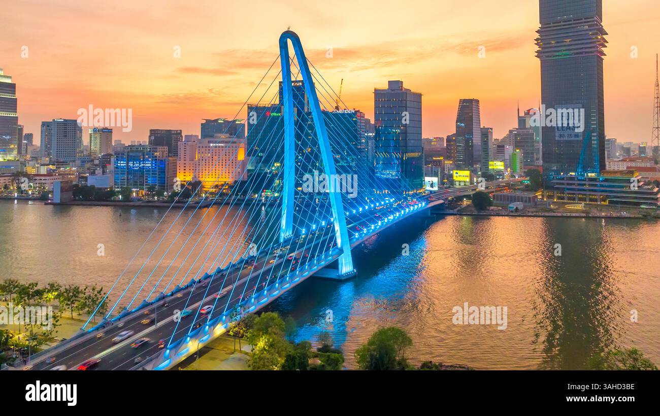 Beautiful sunset at Ba Son Bridge in downtown Ho Chi Minh City, Vietnam ...