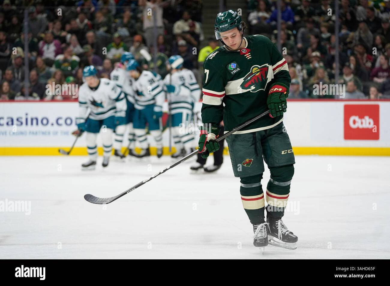 Minnesota Wild defenseman Brock Faber (7) skates after a goal scored by ...