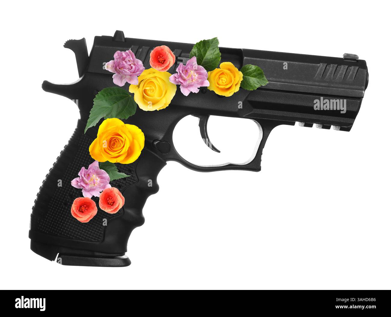 Gun with flowers on white background. Stop violence, make peace Stock ...