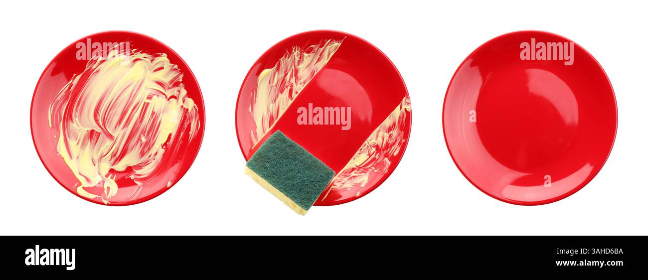 Washing dish process. From dirty to clean plate on white background ...