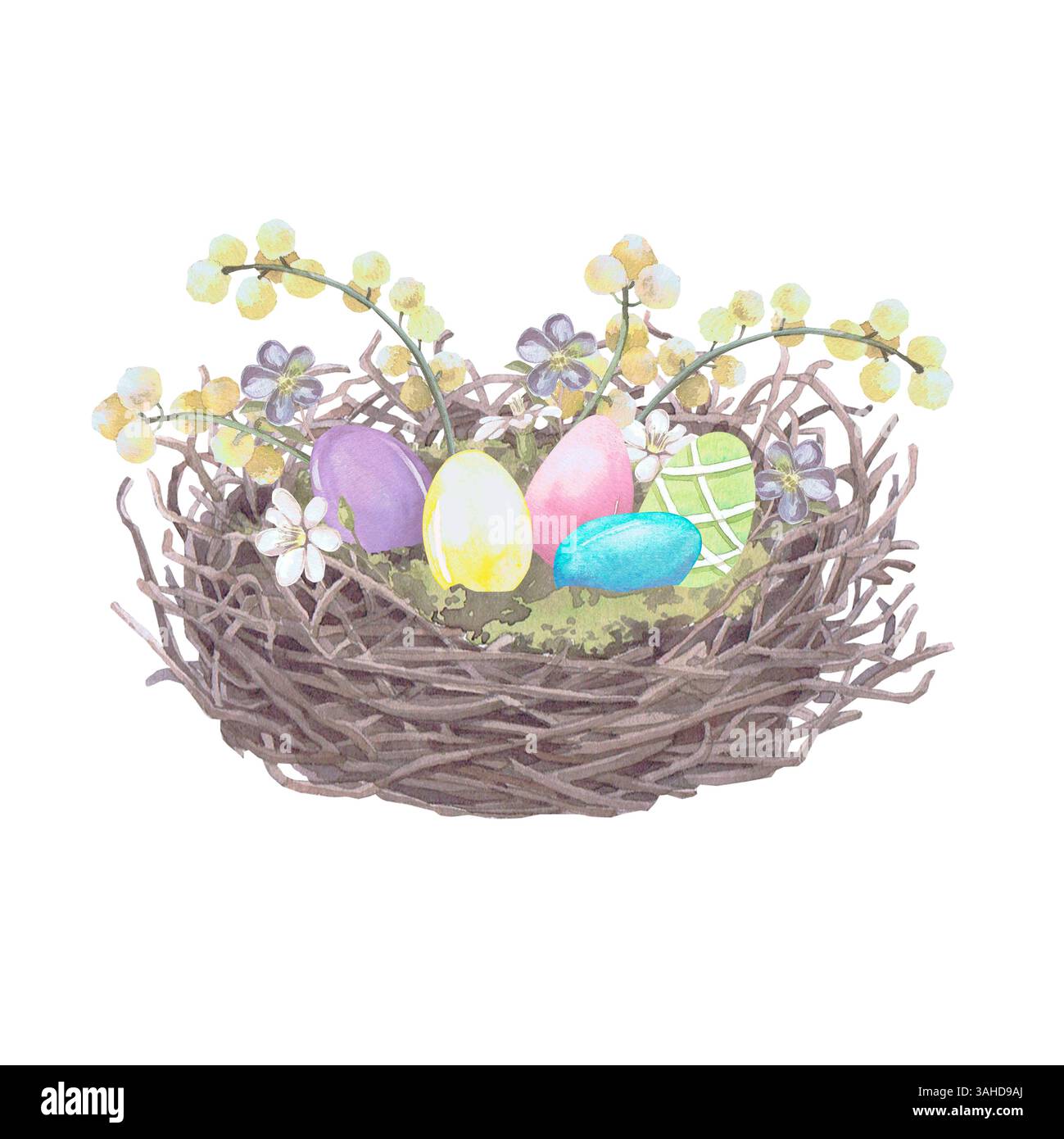 Easter eggs in a wicker nest watercolor illustration isolated on white ...