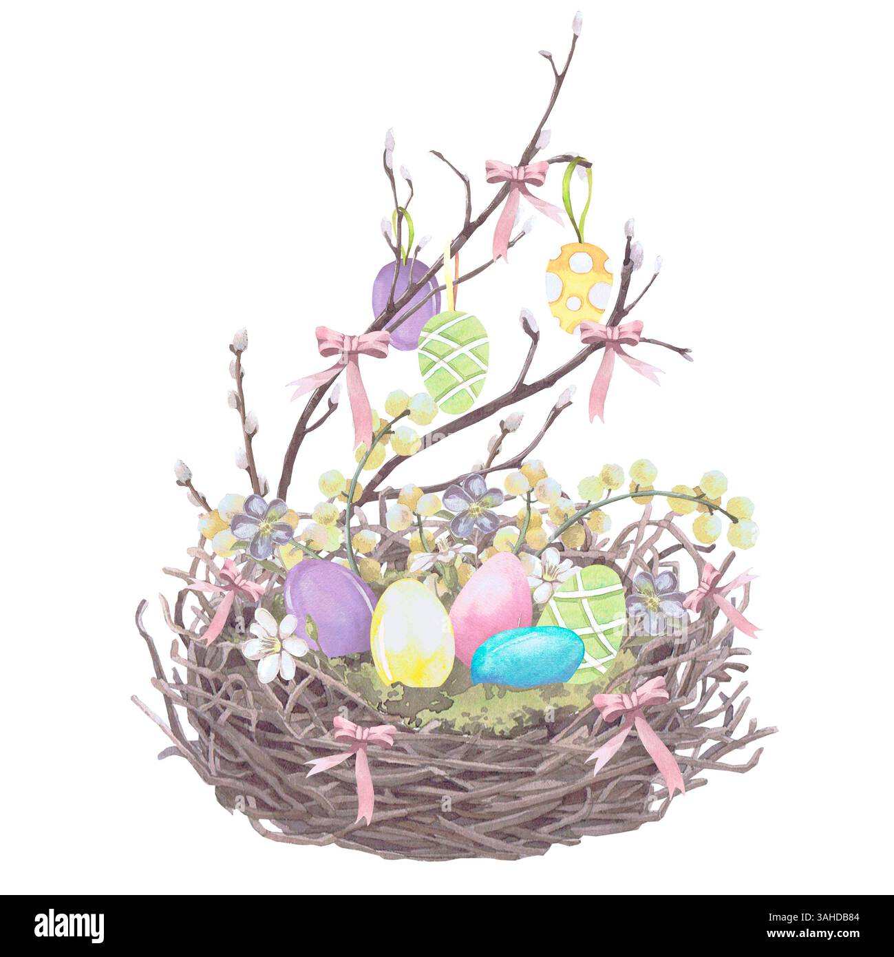 Easter eggs in a wicker nest watercolor illustration isolated on white ...